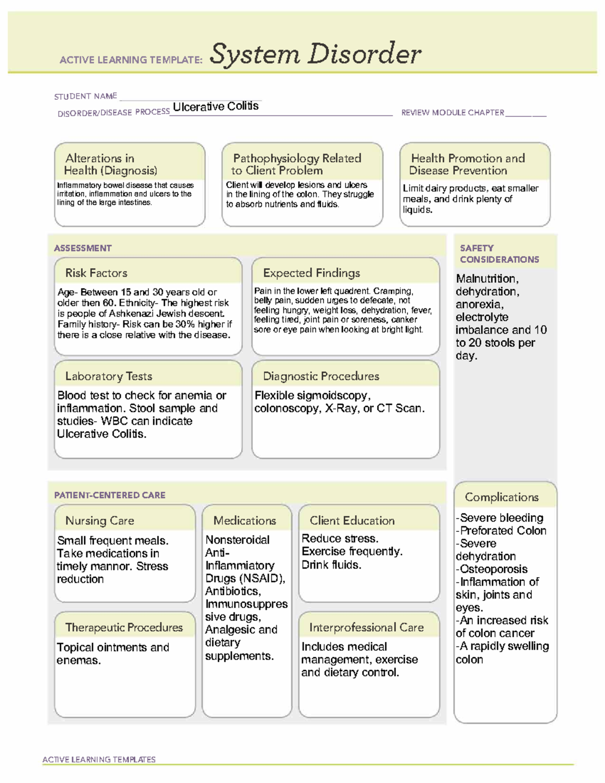 Ulcerative Colitis - Active Learning Template Overview (ATI) - Studocu