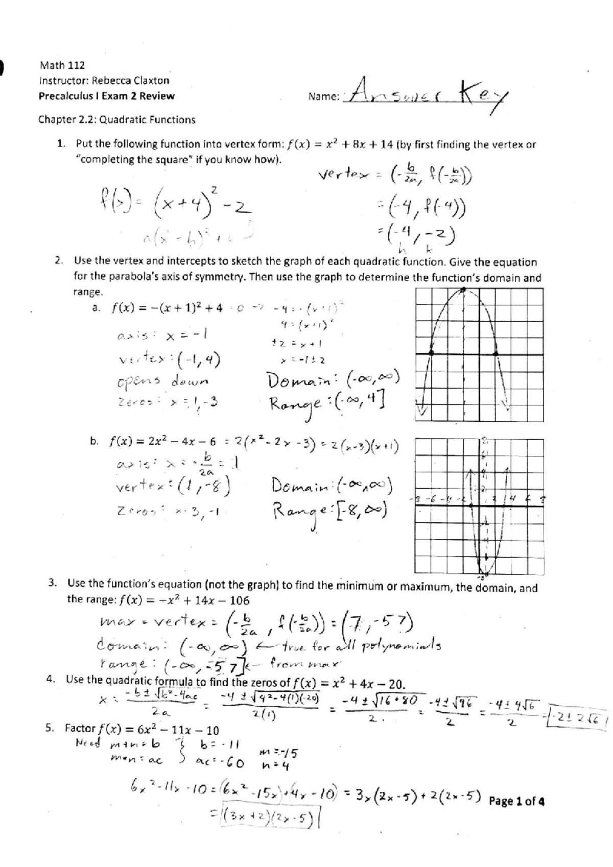 Math 112 Precalculus I Exam 2 Review Answers and Key - Studocu
