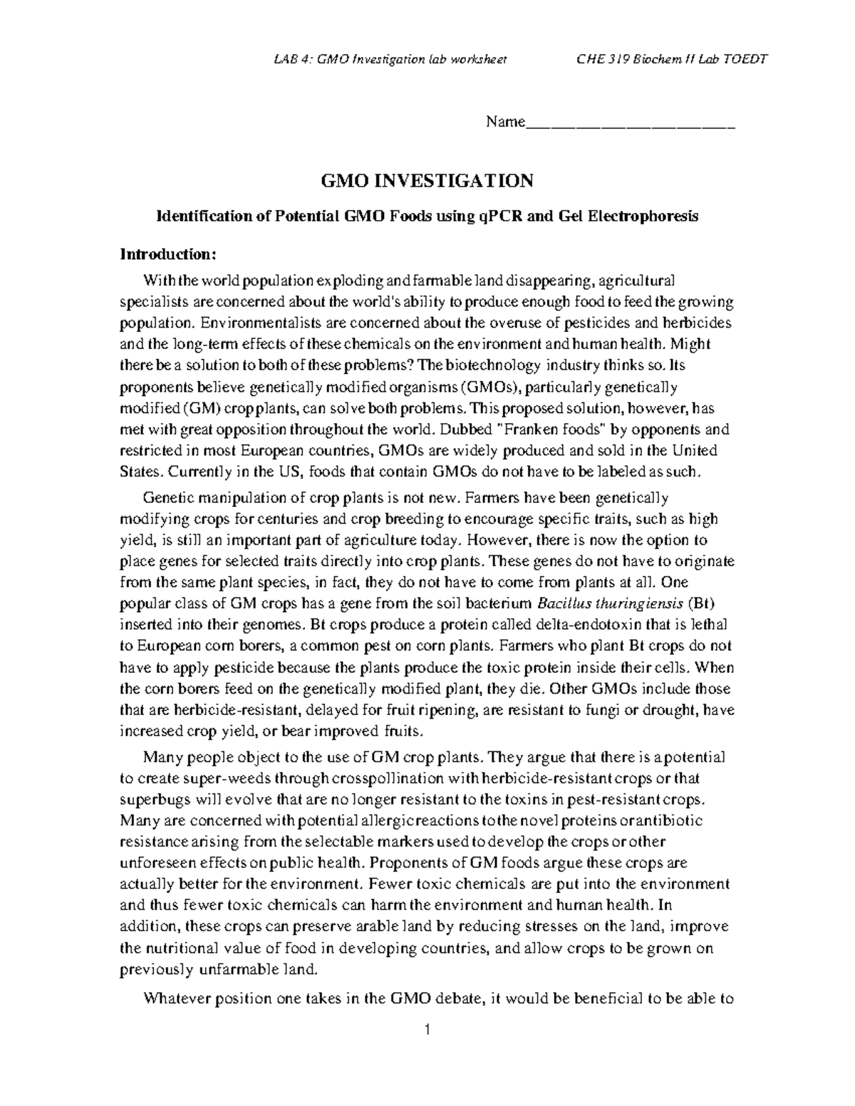 GMO Investigation Lab Worksheet - CHE 319 Biochem II Lab - Studocu
