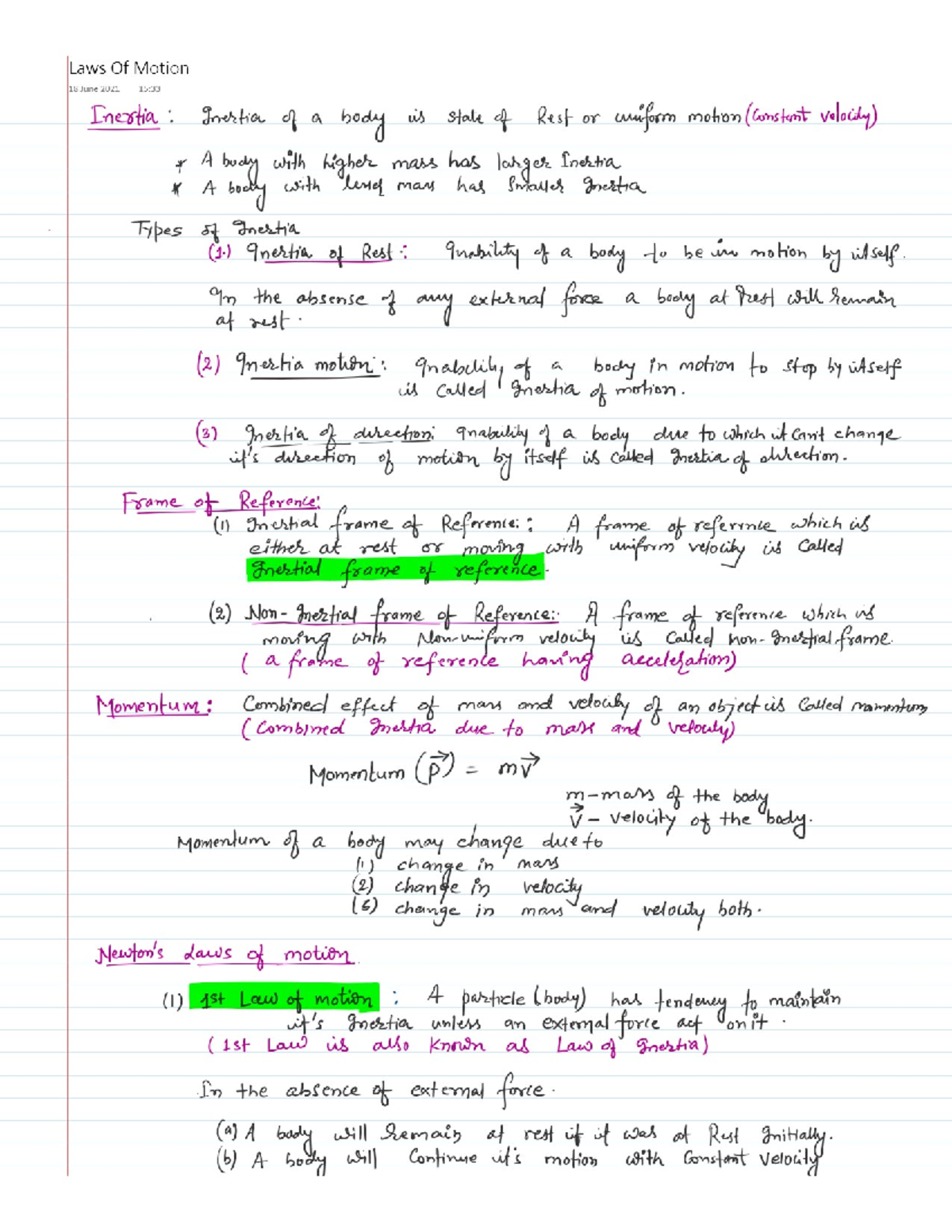 Laws of Motion 09 - Class Notes on Inertia and Momentum - Studocu