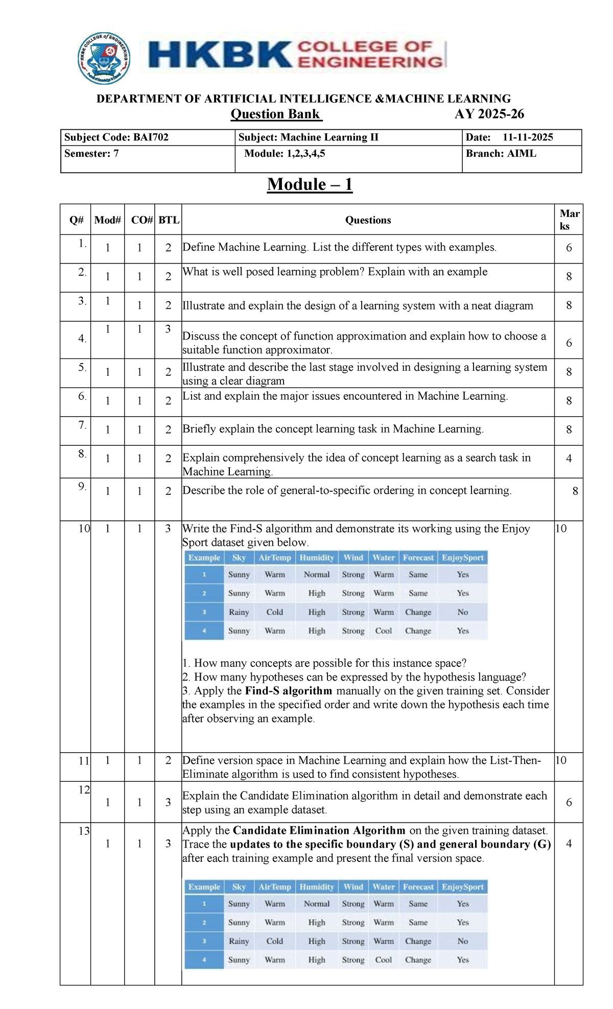 Question Bank: Machine Learning II (BAI702) - Semester 7 - Studocu