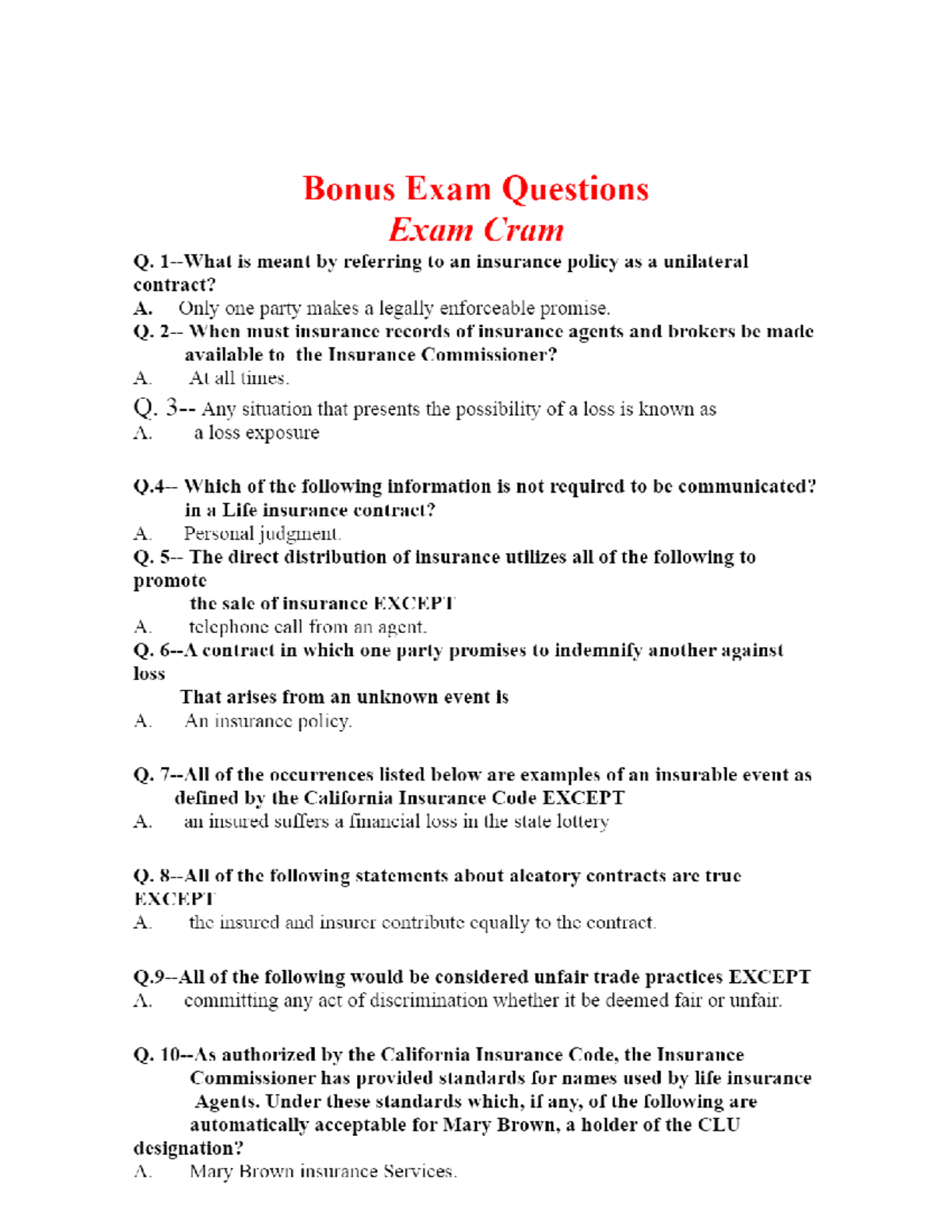 Insurance Exam Questions Set 2: In-Depth Study Guide - Studocu