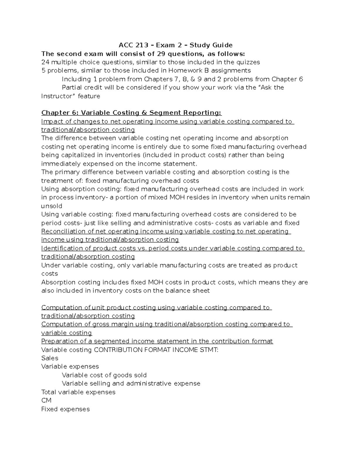 Exam 2 Study Guide - Lecture notes - ACC 213 – Exam 2 – Study Guide The ...
