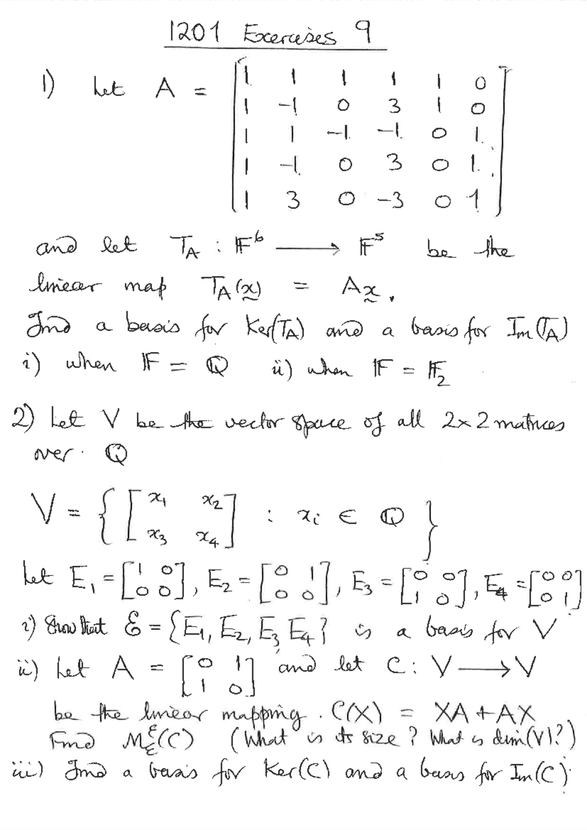 MATH1201 Exercises 9 - Linear Maps and Vector Spaces Practice - Studocu