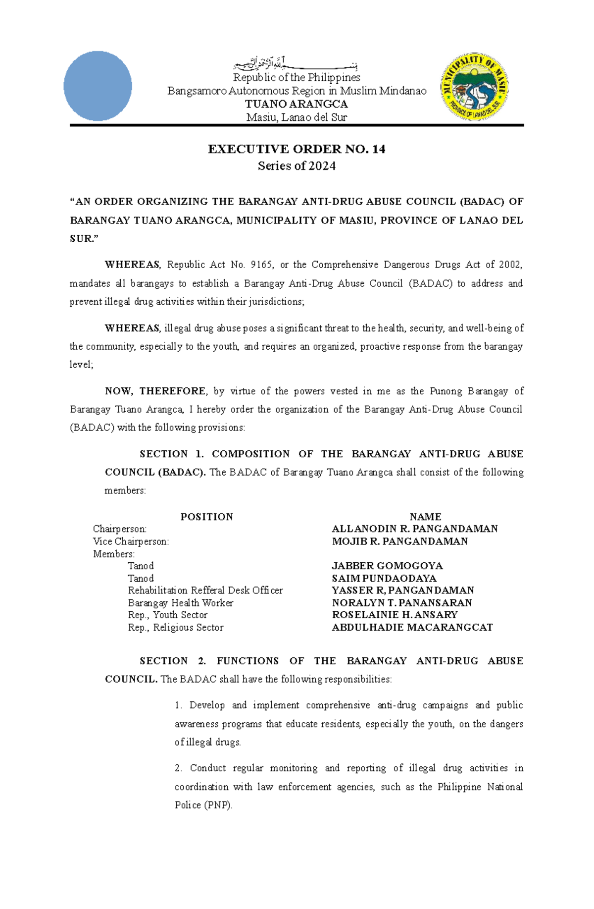 Executive Order No. 14: Organizing BADAC in Barangay Tuano Arangca ...