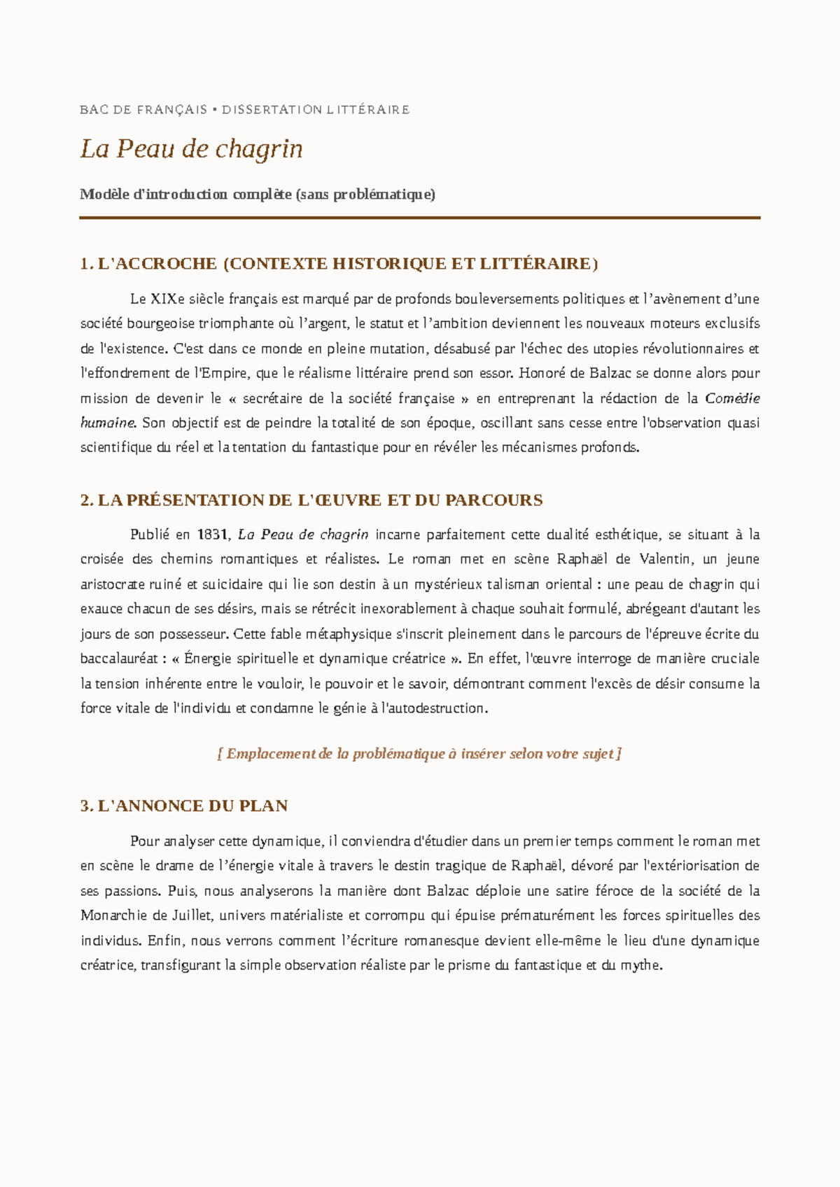 BAC DE FRANÇAIS DISSERTATION LITTÉRAIRE : Analyse de La Peau de chagrin ...