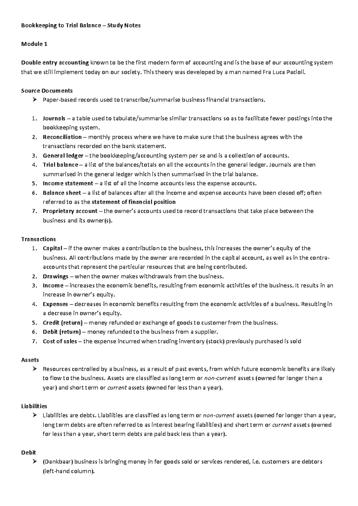 BKTB Module 1 & 2 Study Notes: Bookkeeping to Trial Balance - Studocu