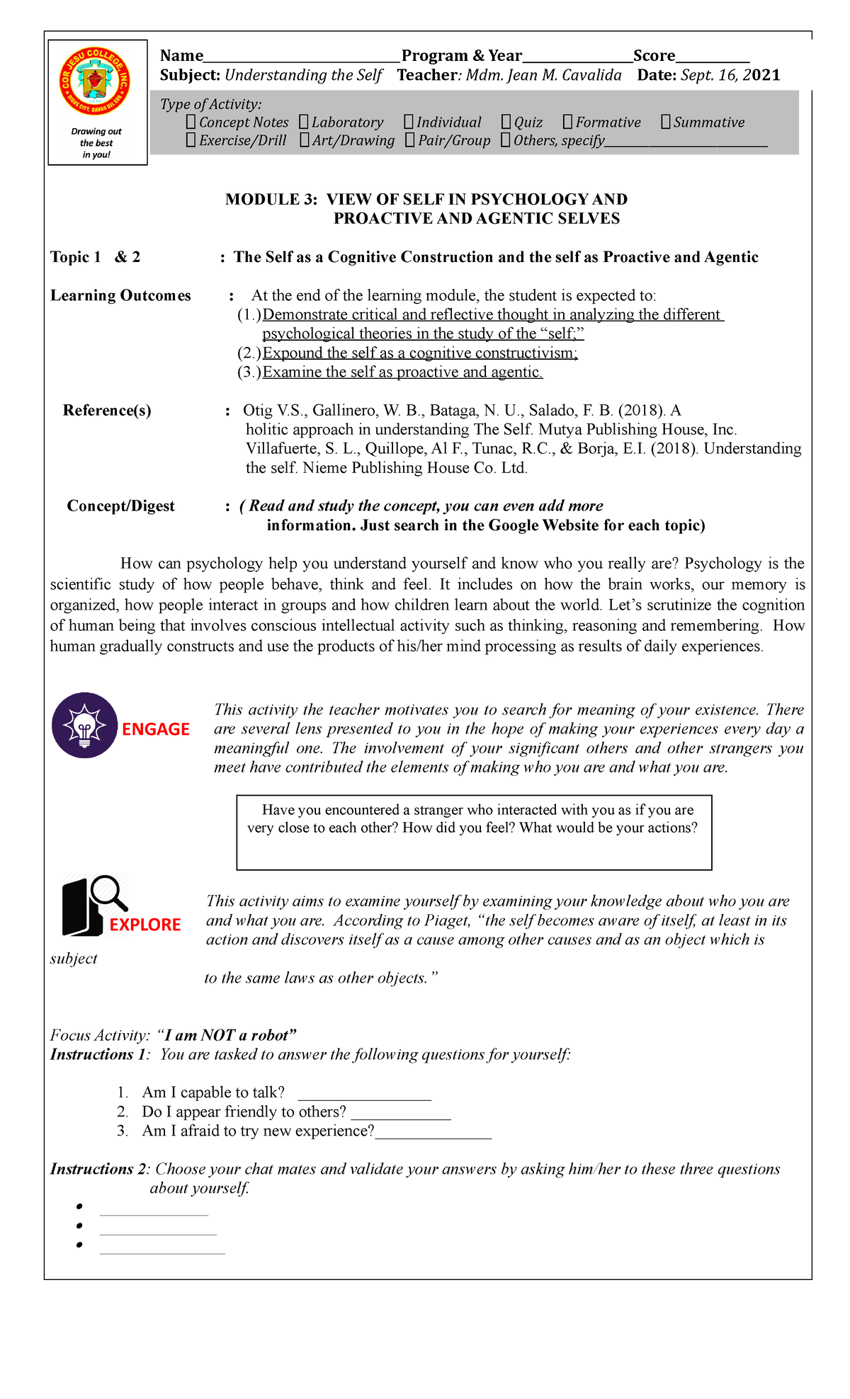 Module 3 Topics 1 2 UTS SEPT - MODULE 3: VIEW OF SELF IN PSYCHOLOGY AND ...