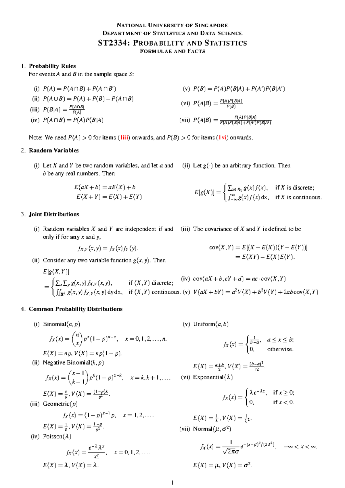 ST2334: Probability and Statistics Formulae and Facts - Studocu