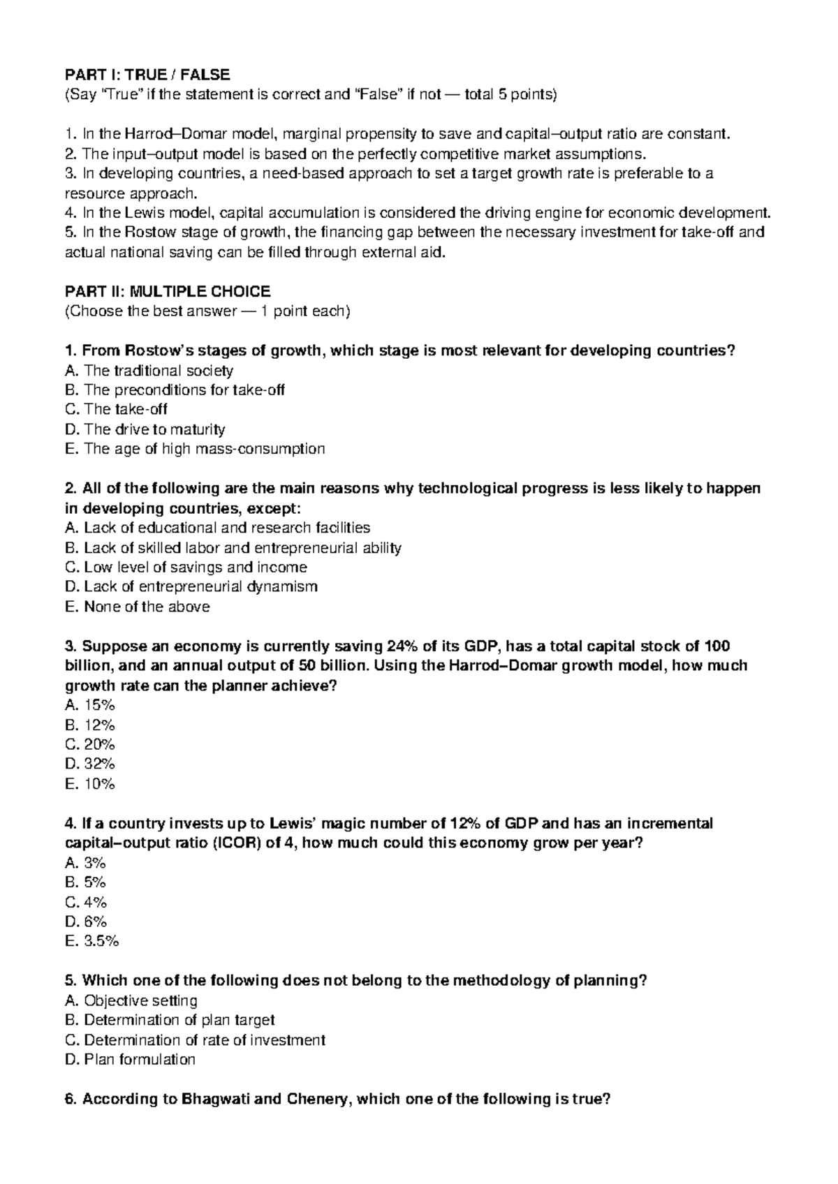 Development Planning Final Exam: True/False & Multiple Choice Questions ...