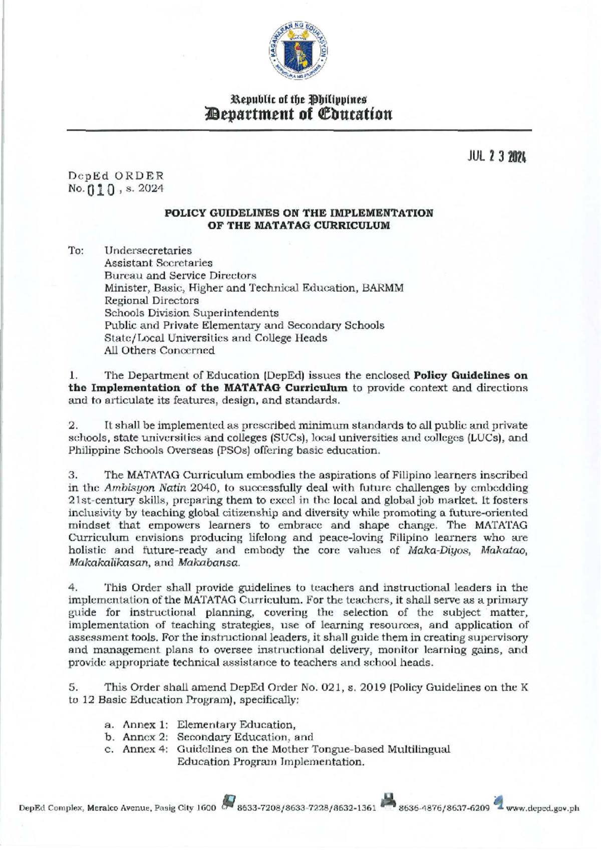 DO 010, s. 2024: Policy guidelines for implementing the MATATAG curriculum - Studocu