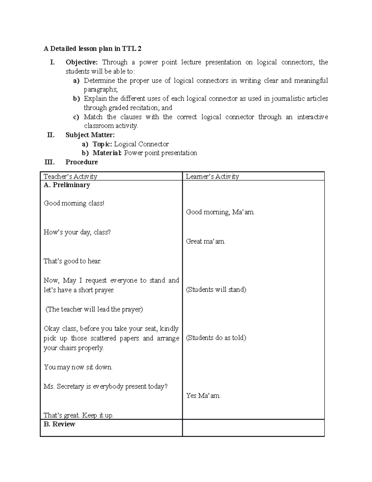 TTL 2 Detailed Lesson Plan: Mastering Logical Connectors - Studocu