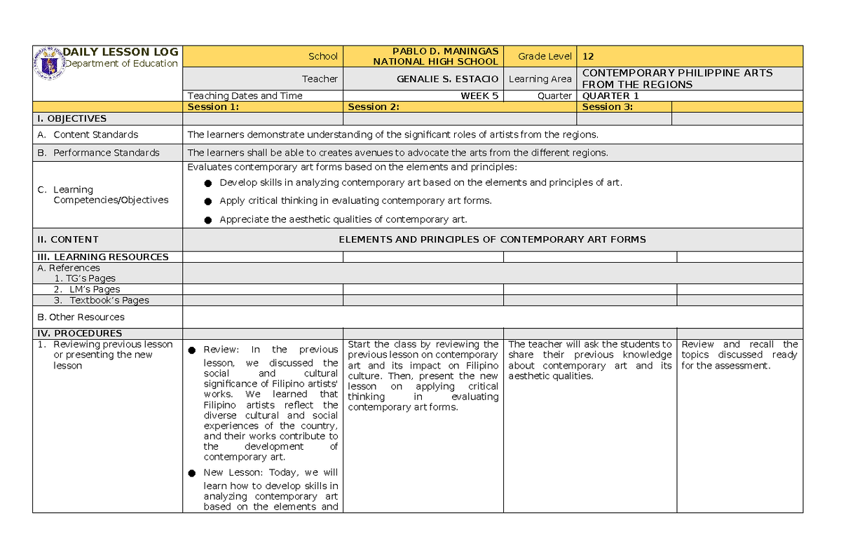 CPAR 12 Q1 WEEK 5 - Lesson Plan on Analyzing Contemporary Art - Studocu
