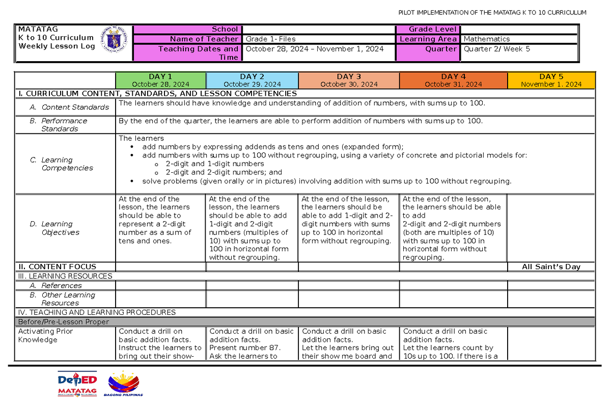 G1-Q2-DLL-Week 5-Math: Addition of Numbers up to 100 - Studocu