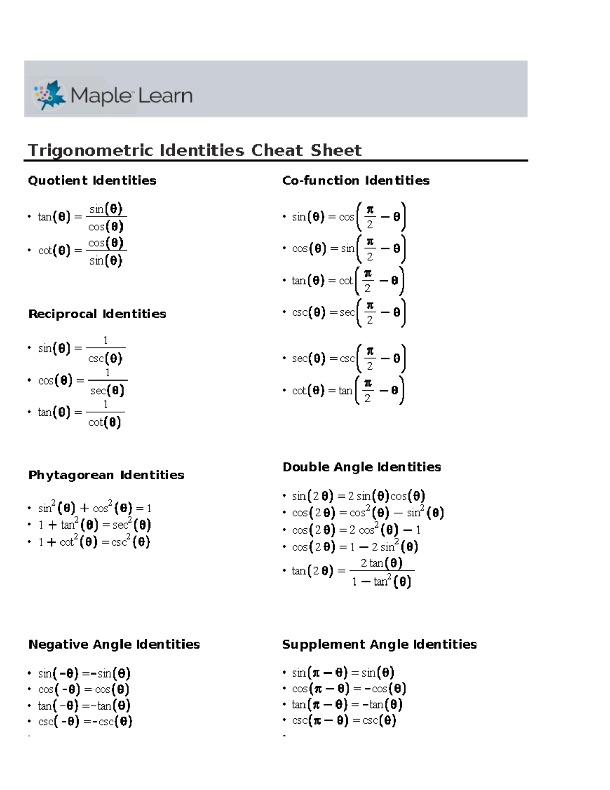 Trigonometric Identities Cheat Sheet for Course Code MATH101 ...