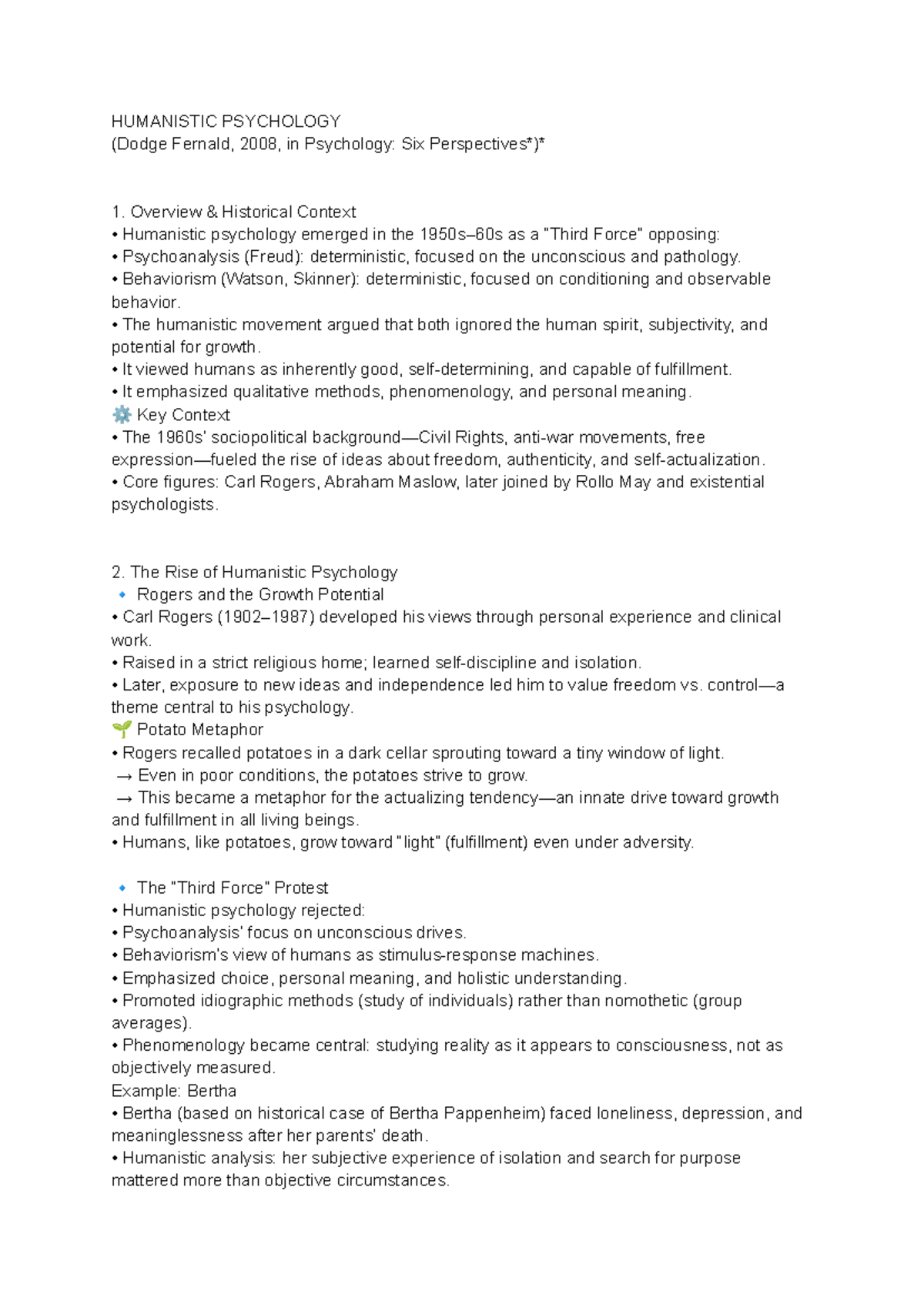 HUMANISTIC PSYCHOLOGY OVERVIEW (Dodge Fernald, 2008) - Studocu