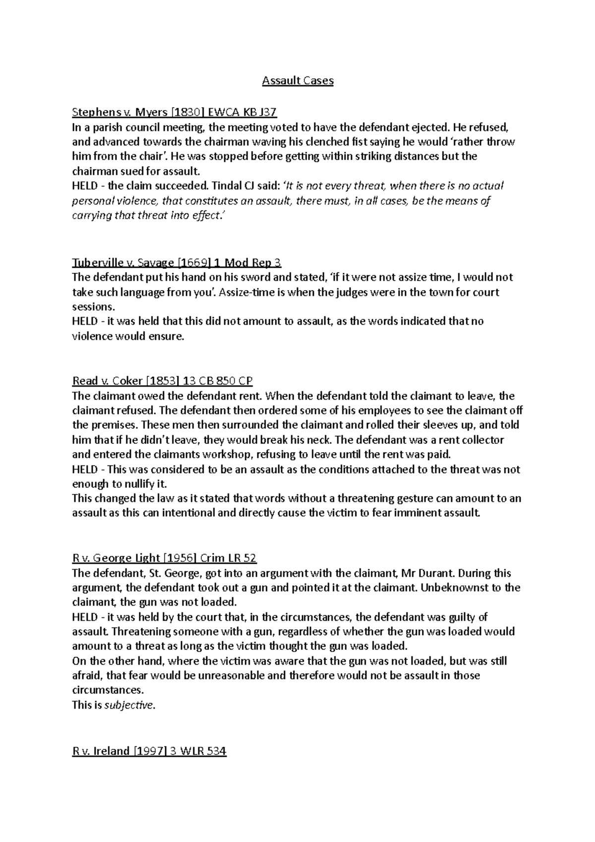 Assault Case Summaries: Key Rulings and Legal Principles - Studocu