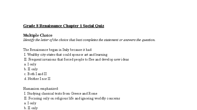 Grade 8 Renaissance Chapter 1 Social Quiz: Multiple Choice Questions ...