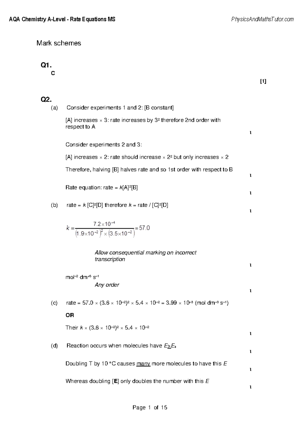 AQA Chemistry Rate Equations MS - Mark Scheme Analysis - Studocu