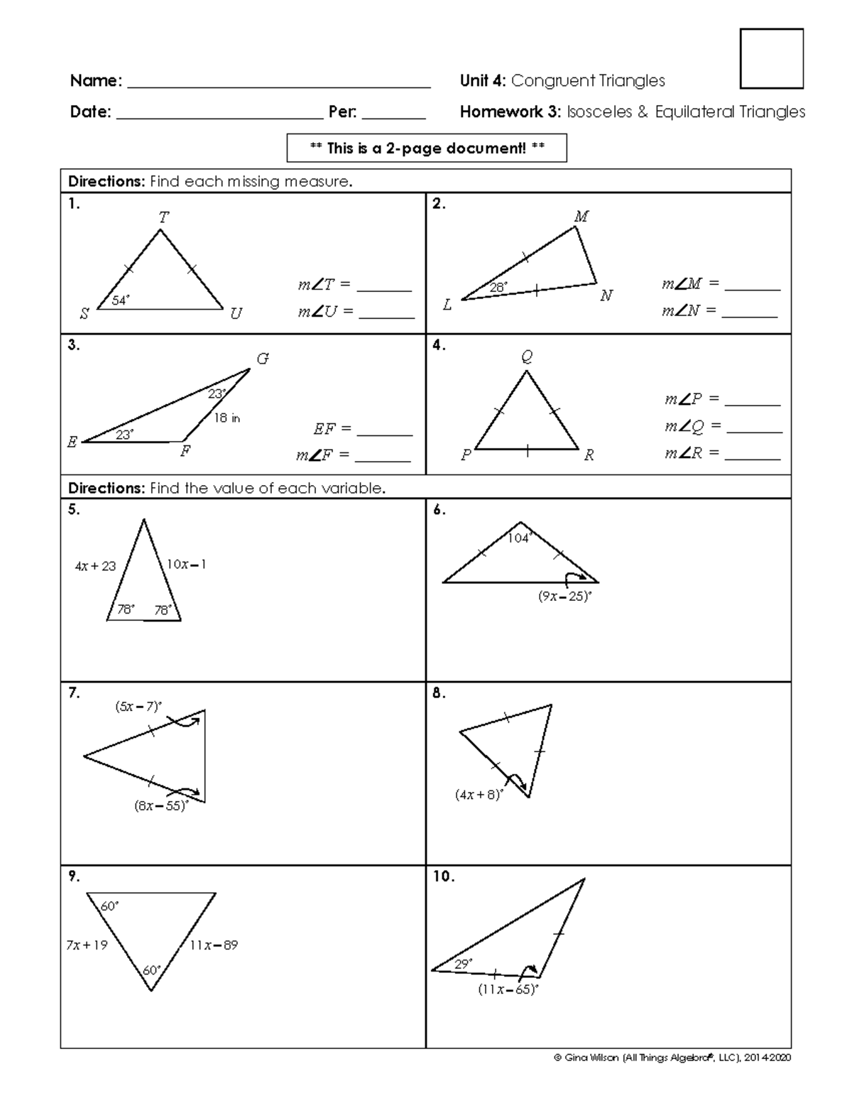 Isosceles Equilateral Triangles - Practice - Name