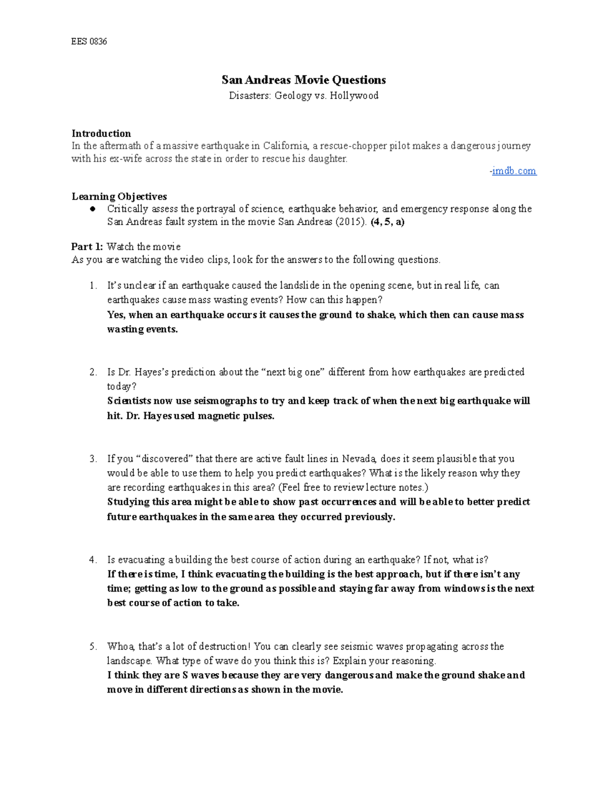 EES 0836: Analysis of Geology in San Andreas Movie and Real Earthquakes ...