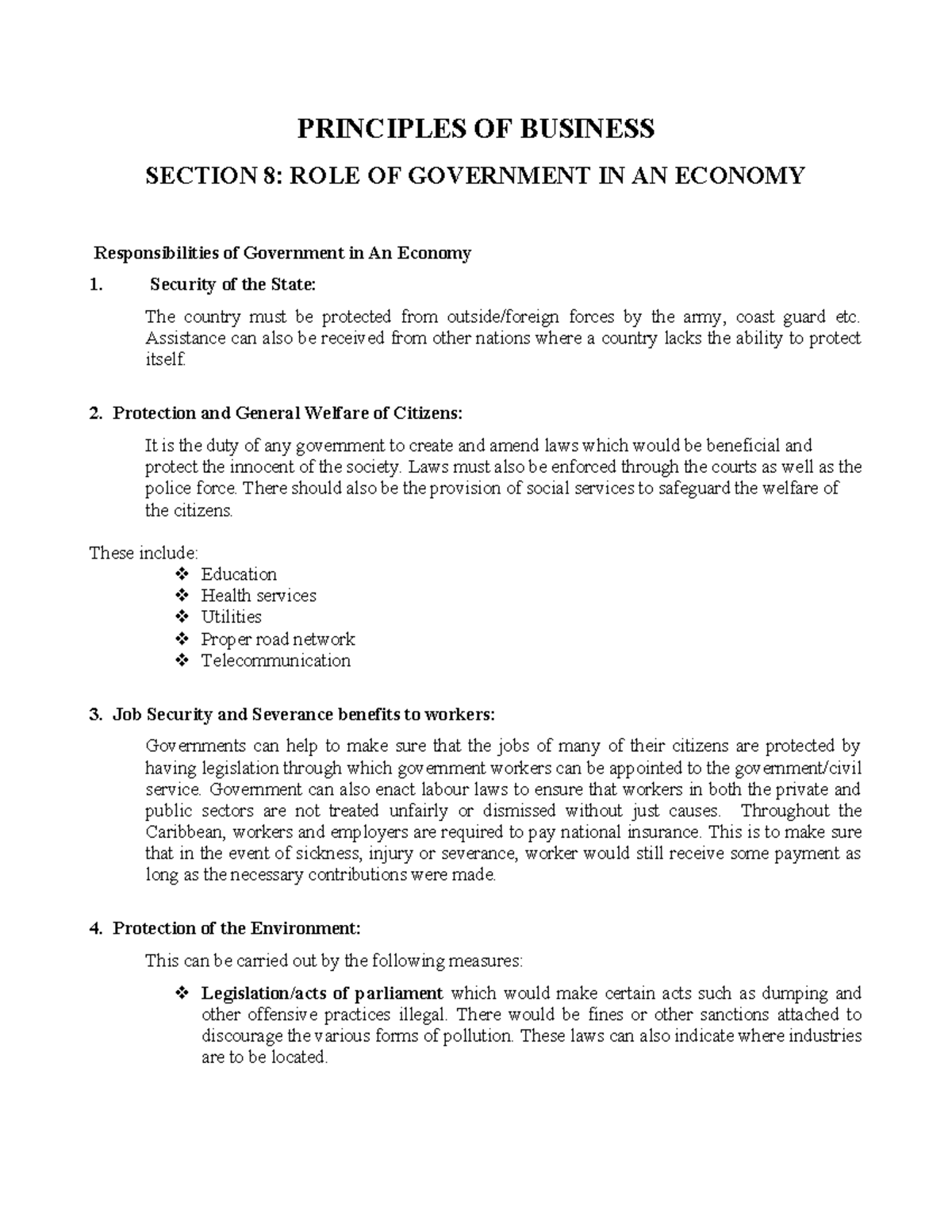 Section 8: Government's Role in Economy - Principles of Business Notes ...