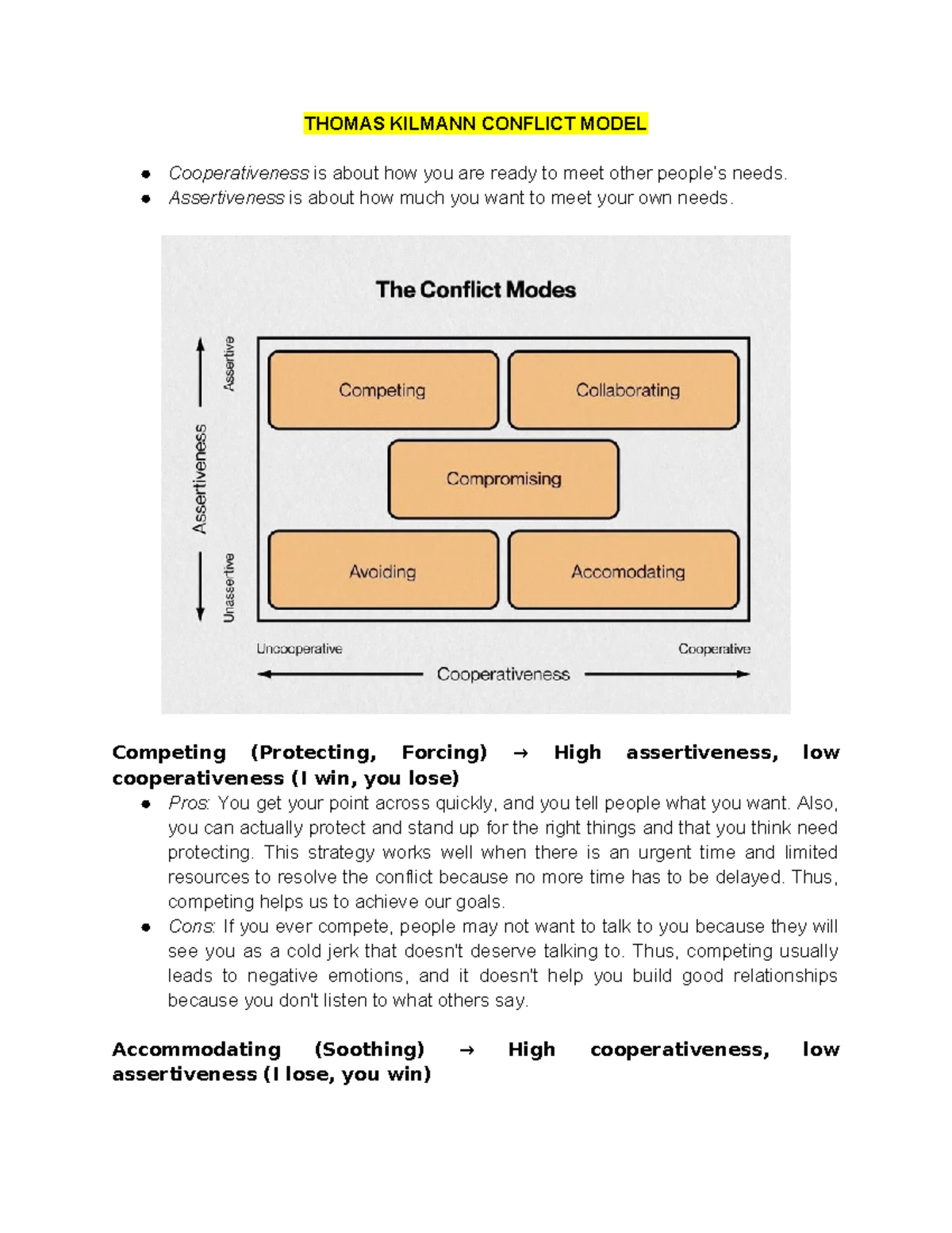 THOMAS KILMANN CONFLICT MODEL - Chapter 4 Overview - Studocu