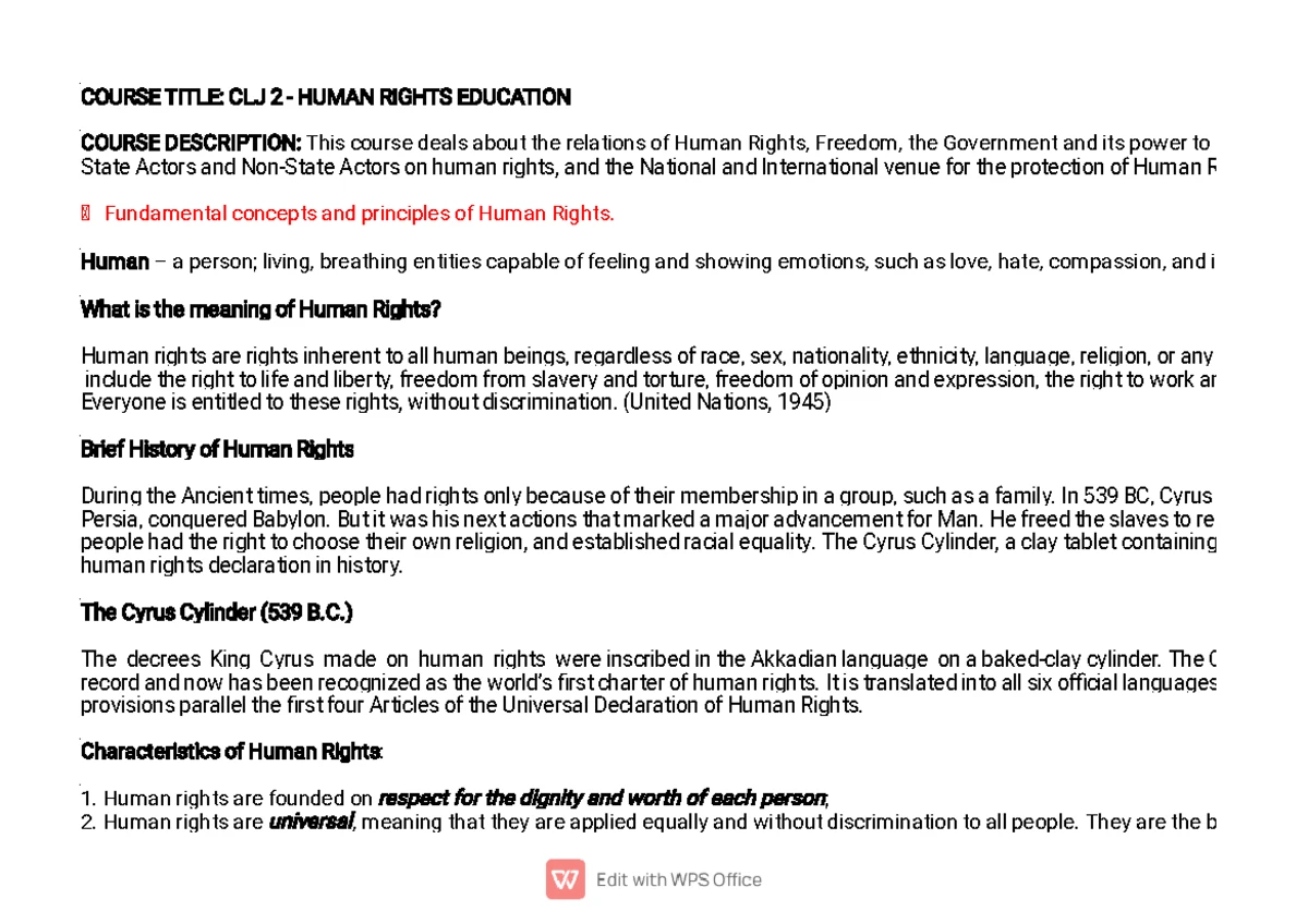 Human- Rights Education Final - COURSE TITLE: CLJ 2 - HUMAN RIGHTS ...