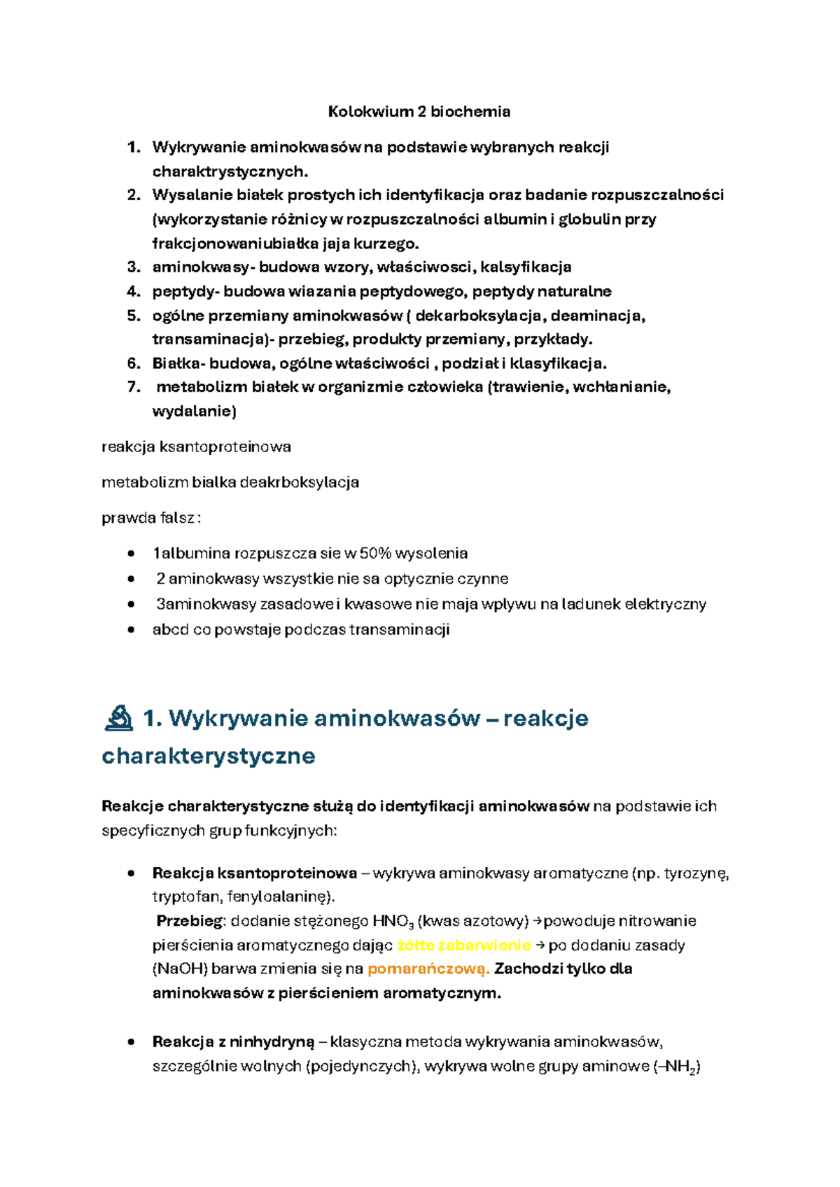 Kolos 2 Biochemia: Wykrywanie Aminokwasów i Metabolizm Białek - Studocu