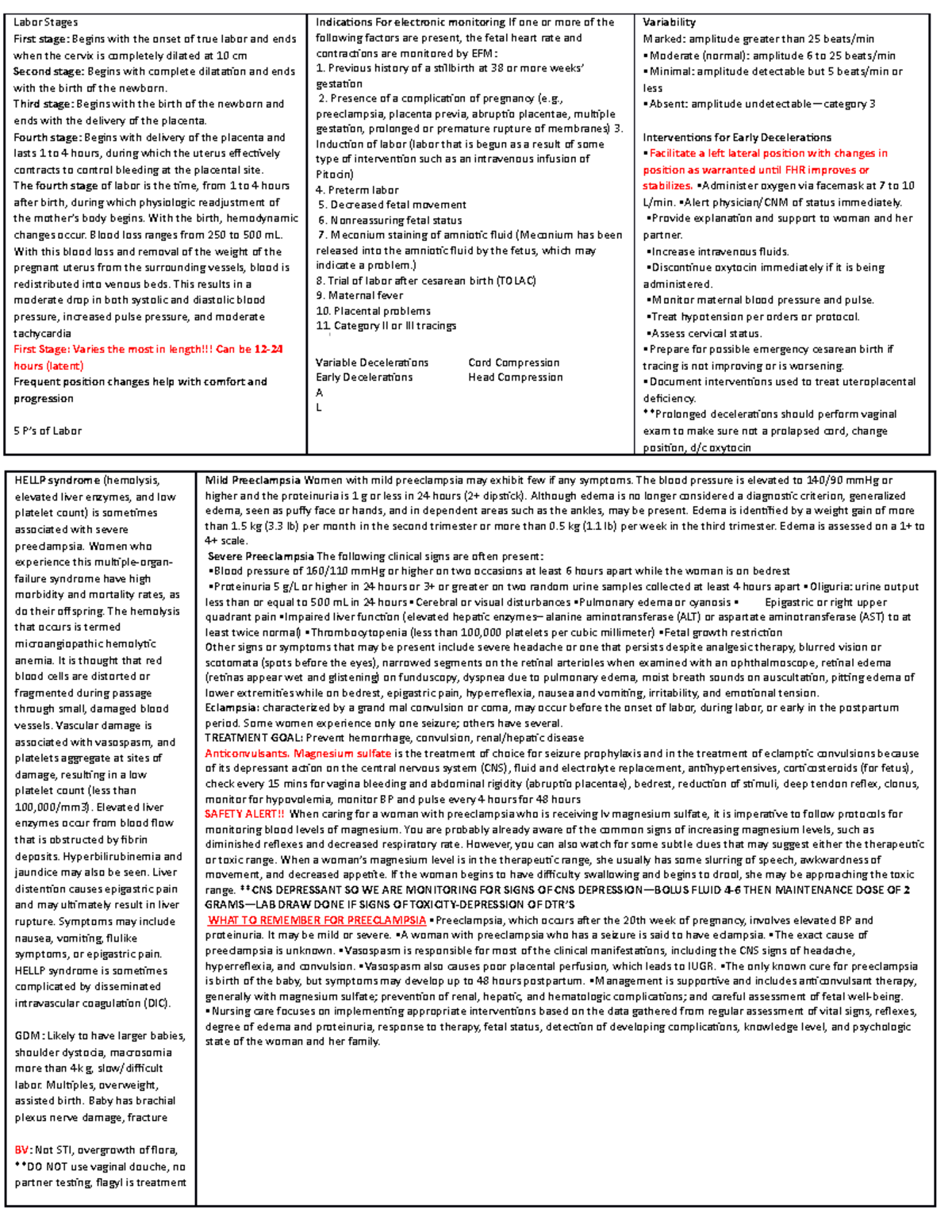OB Final Exam Cheat Sheet - Lecture Notes on Labor Stages 1-4 - Studocu