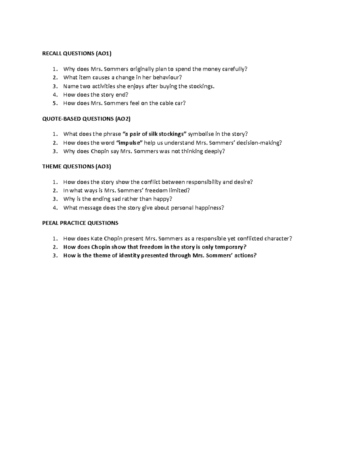 AO1, AO2, AO3 & PEEAL Questions on Chopin's "A Pair of Silk Stockings ...