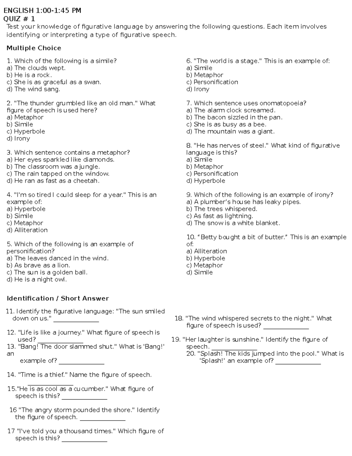 ENGLISH PM QUIZ 1: Figurative Language Assessment - Studocu