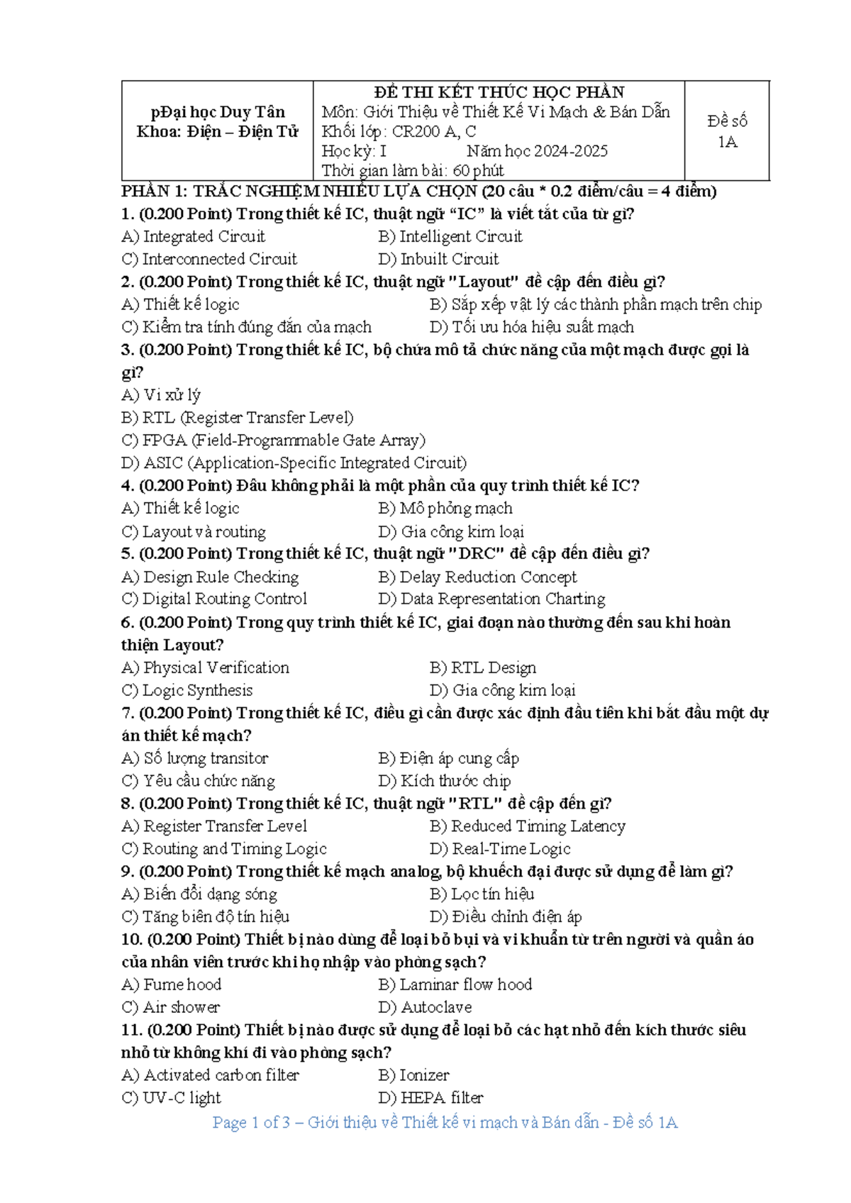 ĐỀ THI KẾT THÚC HỌC PHẦN CR200 - Giới Thiệu về Thiết Kế Vi Mạch Bán Dẫn ...