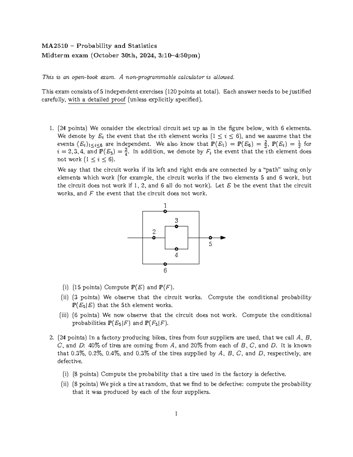 MA2510 Probability and Statistics Midterm Exam - Fall 2024 - Studocu