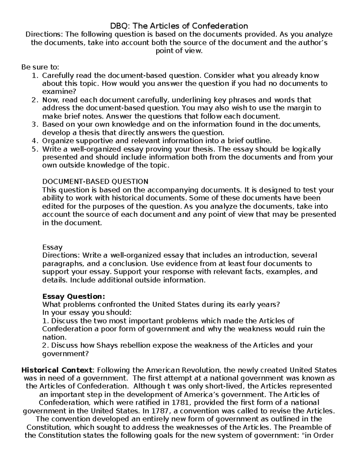 DBQ: Problems with the Articles of Confederation & Historical Context ...