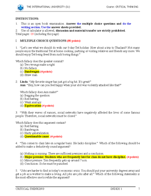 Lecture 5-chapter 10 - CRITICAL THINKING Course code: PE008IU (3 ...