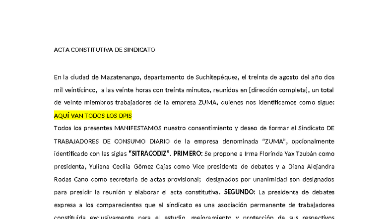 ACTA CONSTITUTIVA DEL SINDICATO DE TRABAJADORES DE ZUMA - Studocu