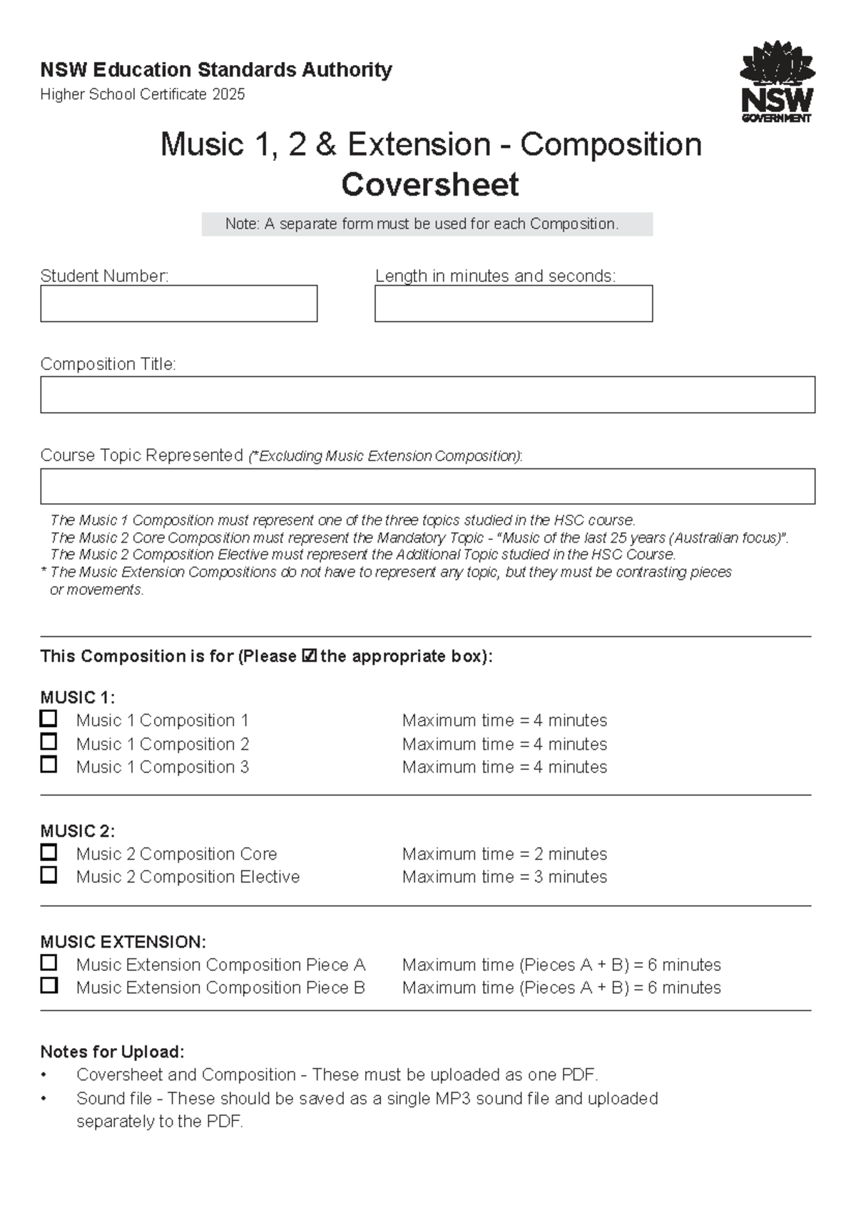 HSC 2025 Music 1 & 2 Extension Composition Coversheet - Studocu