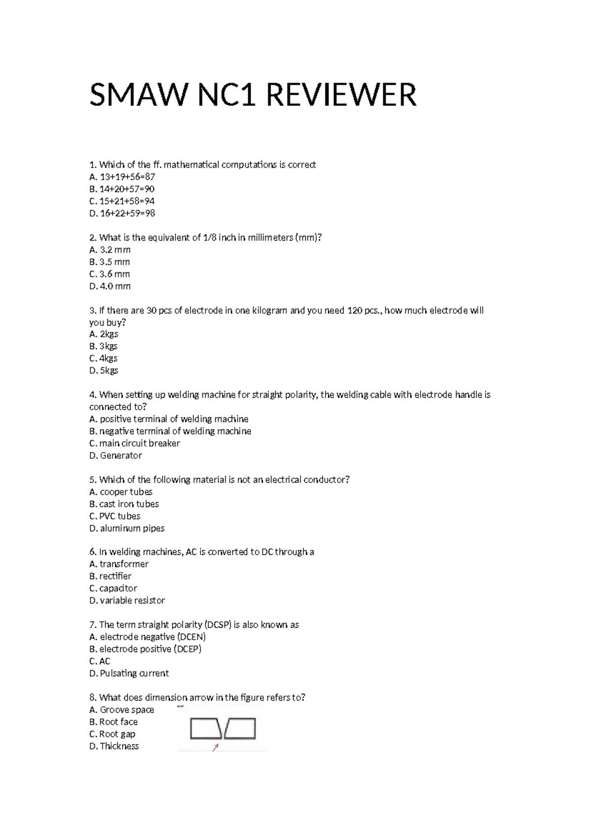 SMAW NC1 REVIEWER: Essential Welding Concepts and Calculations - Studocu