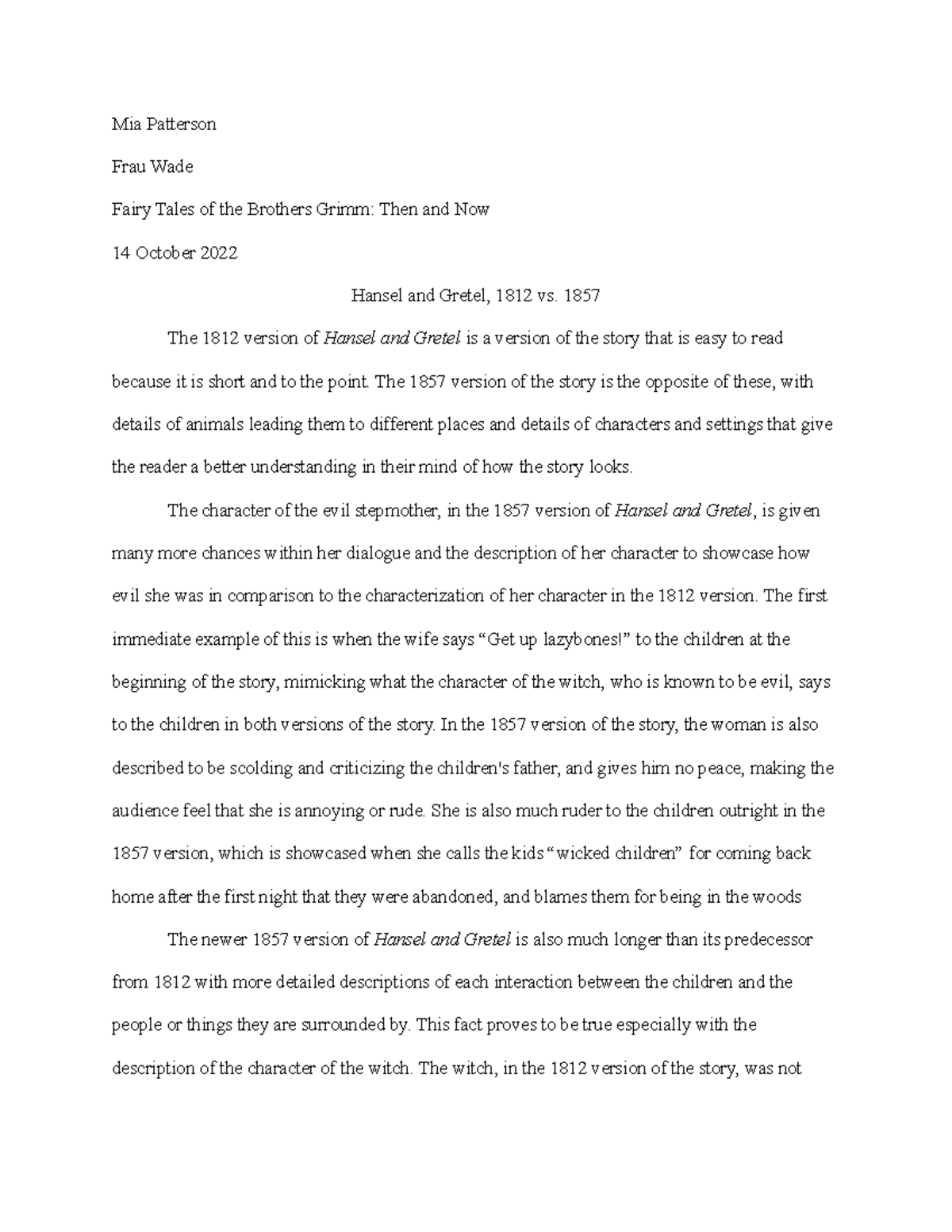ENGL 202 - Essay Comparing the 1812 and 1857 Versions of Hansel and ...
