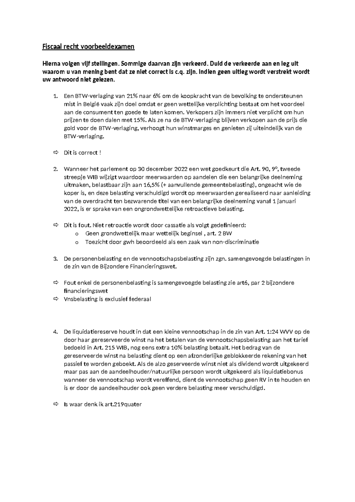 Voorbeeldexamen Fiscaal recht 2 - Analyse en Uitleg van Stellingen ...