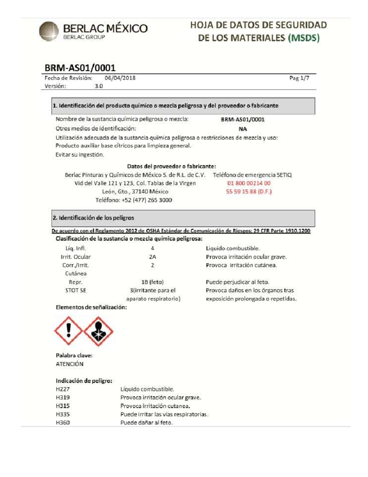 Hoja de Datos de Seguridad (MSDS) para MOLD Cleaner Berlac - BRM-AS01 ...