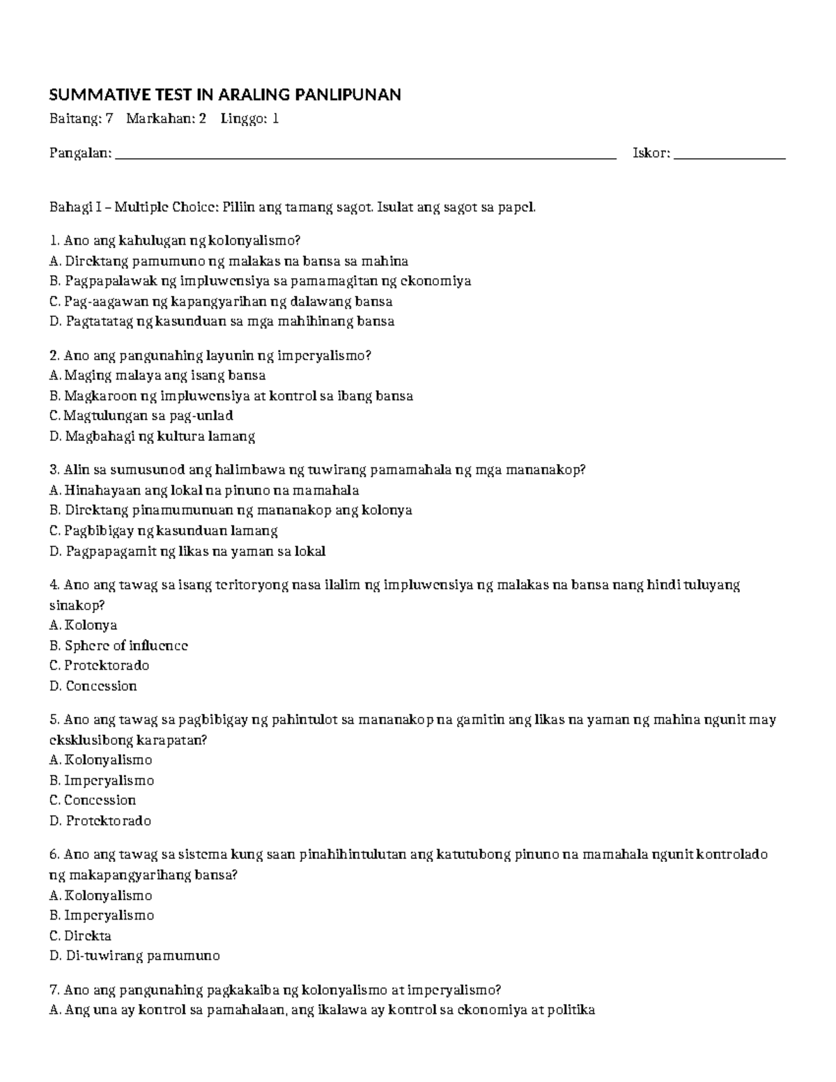 SUMMATIVE TEST IN ARALING PANLIPUNAN AP 7 Q2 W1 - Studocu