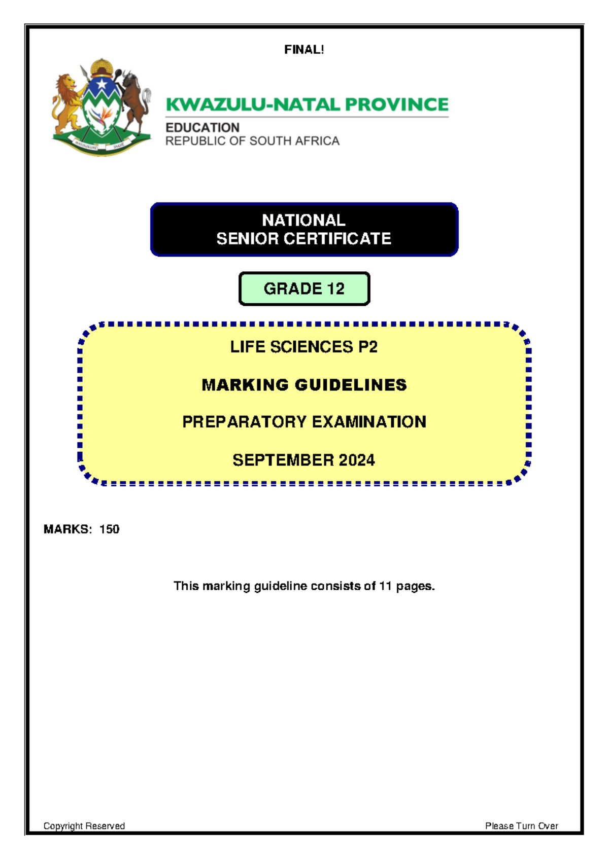 LIFE Sciences P2 September 2024 Grade 12 MG Final Exam Marking ...