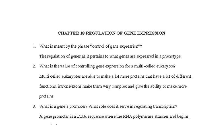 Chapter 18 Study Guide: Regulation of Gene Expression F24 - Studocu