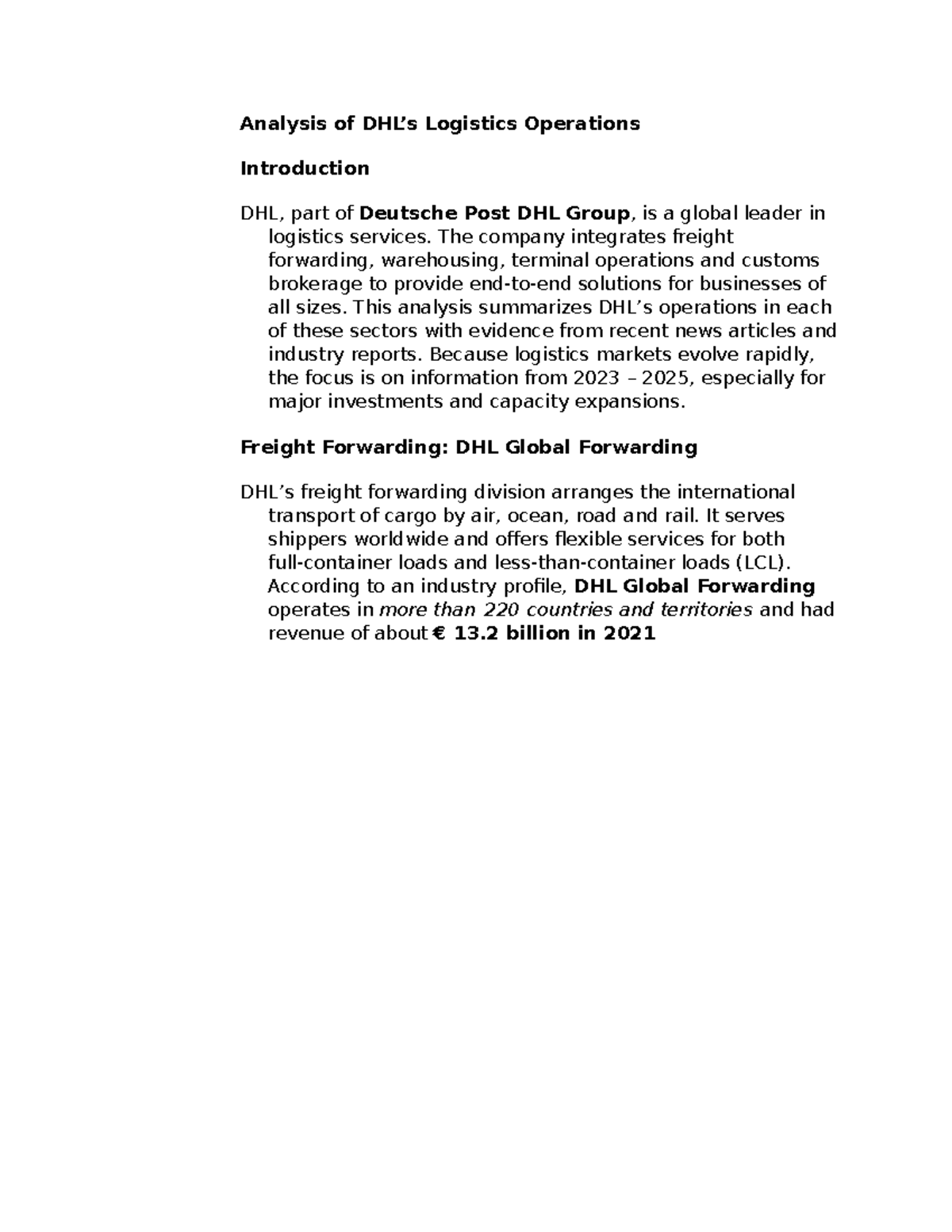 Analysis of DHL Logistics Operations (2023-2025) - Studocu