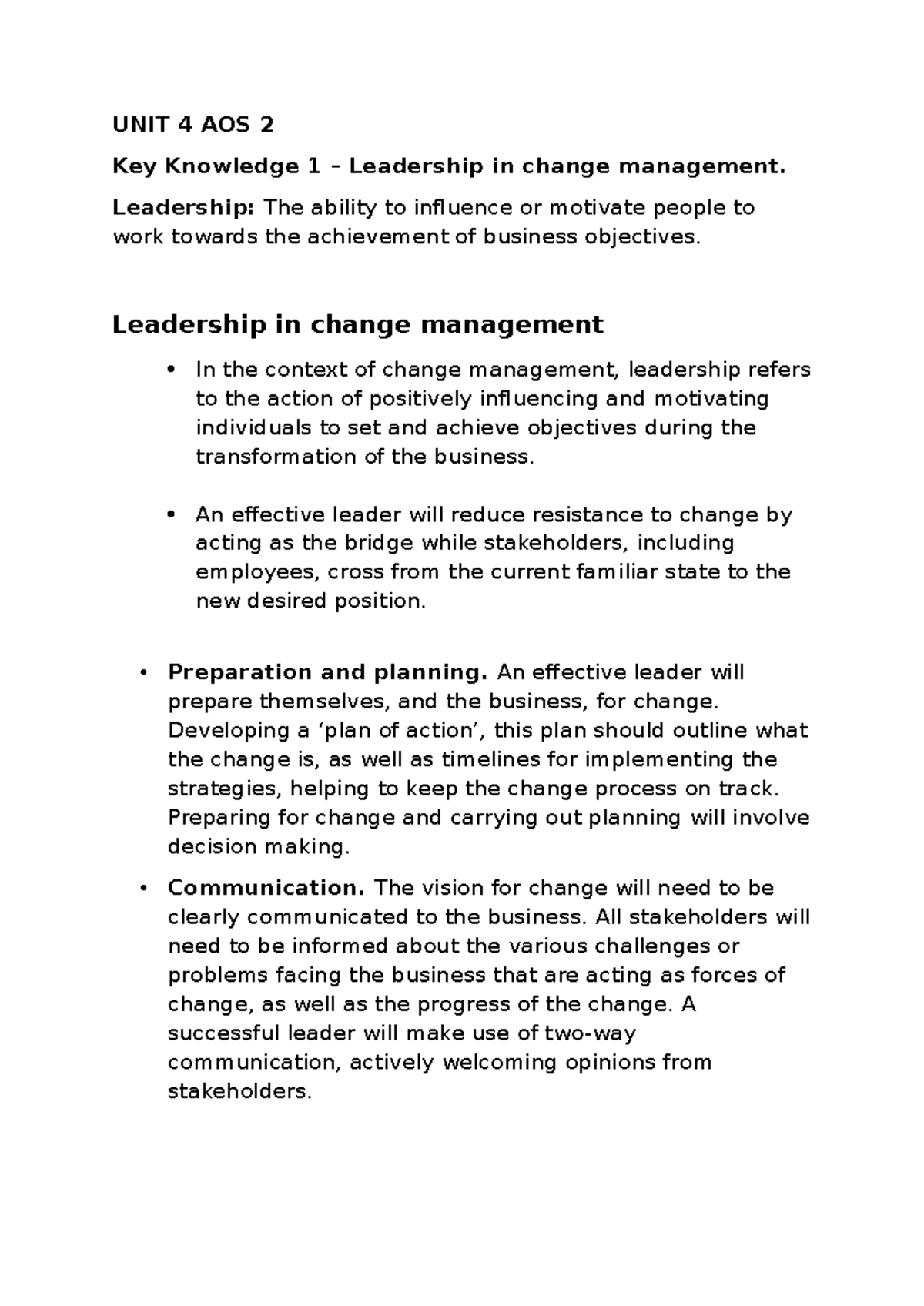 BM UNIT 4 AOS 2 KK1 Leadership in Change Management Insights - Studocu