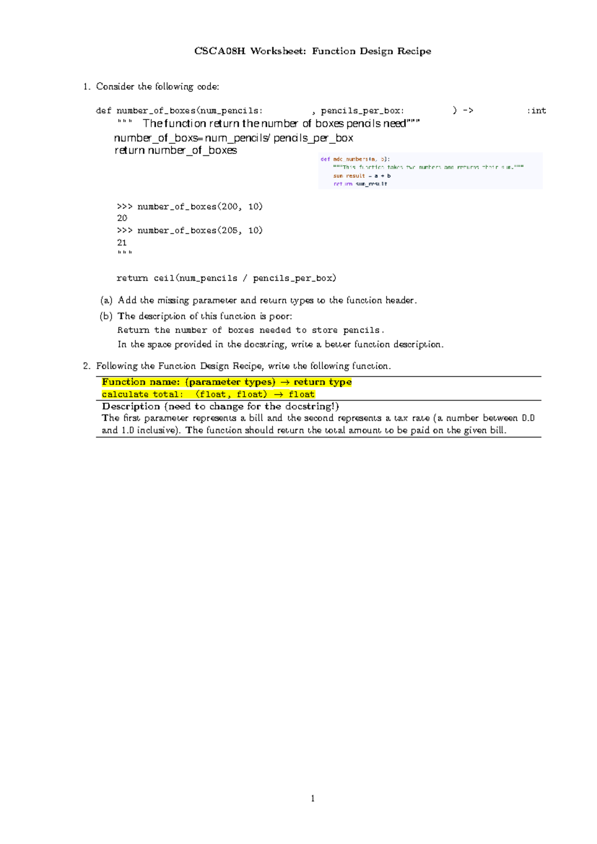 CSCA08H Worksheet: Function Design Recipe & Code Improvements - Studocu