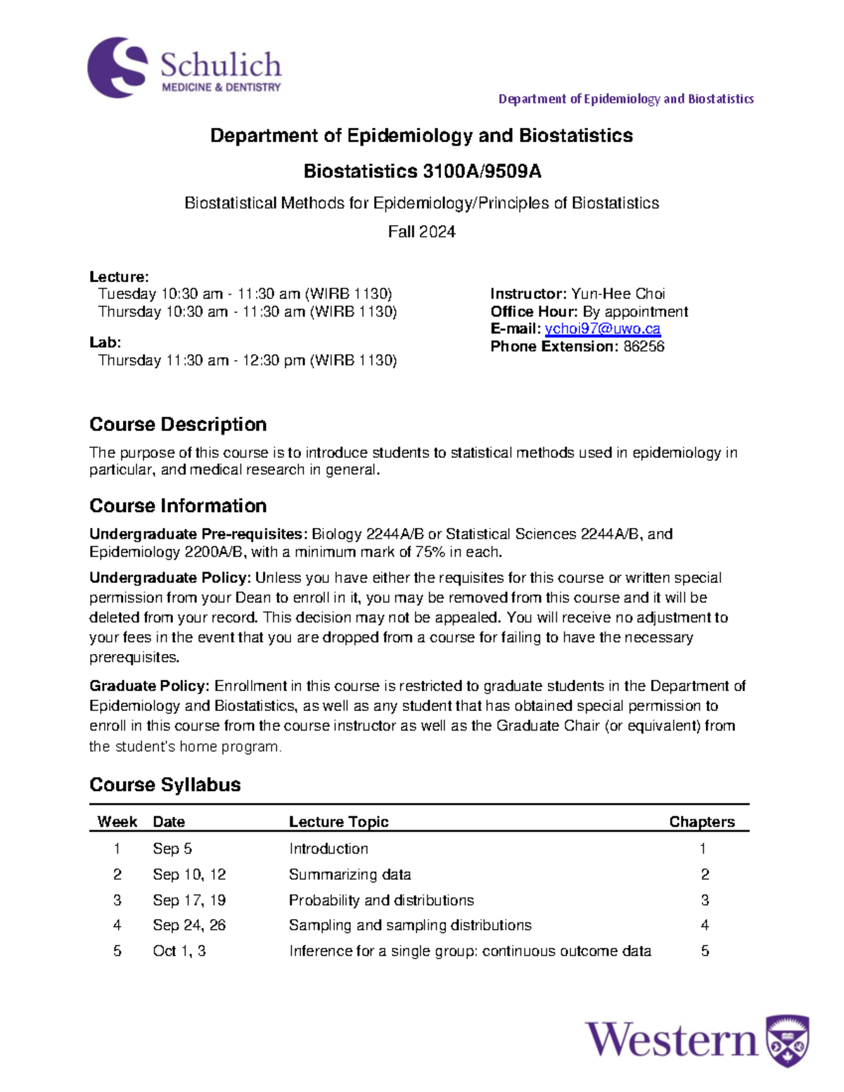 Biostatistics 3100A/9509A: Fall 2024 Lecture & Lab Overview - Studocu
