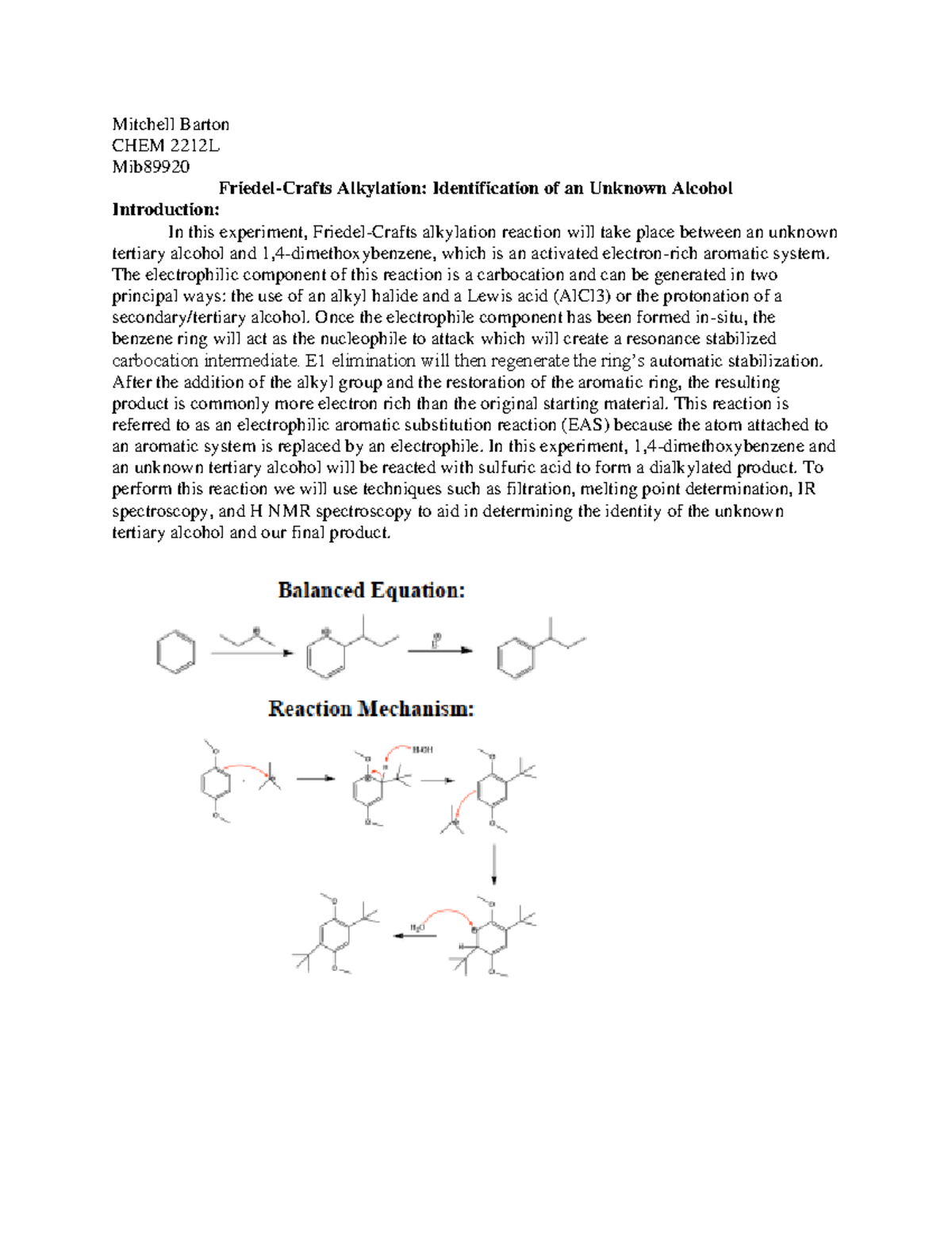 CHEM 2212L Lab 10: Friedel-Crafts Alkylation of Unknown Alcohol - Studocu